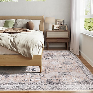 befbee Washable Rug 8x10 Area Rugs for Living Room - Stain Resistant Non-Slip Backing Rugs for Bedroom,Ultra-Thin Vintage Large Area Rug (Peach/Grey, 8'x10')