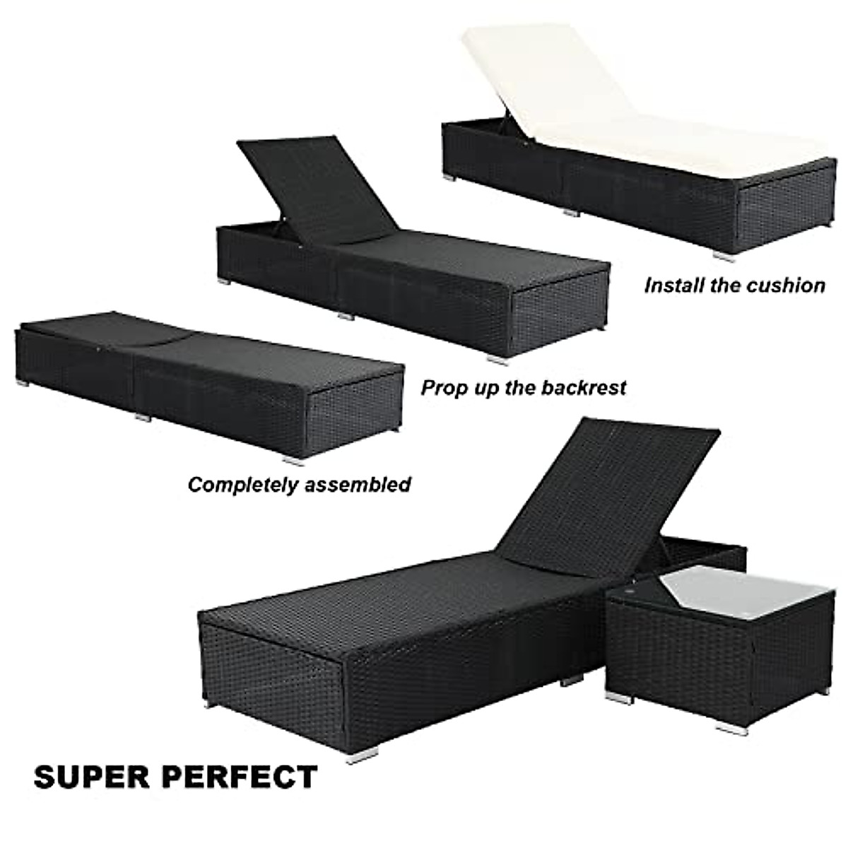 Volowoo Wicker Chaise Patio Lounge Chair, 2 Pieces Patio Chaise Lounge Chair Sets, Outdoor Beach Pool PE Rattan Reclining Chair with Table and Cushion