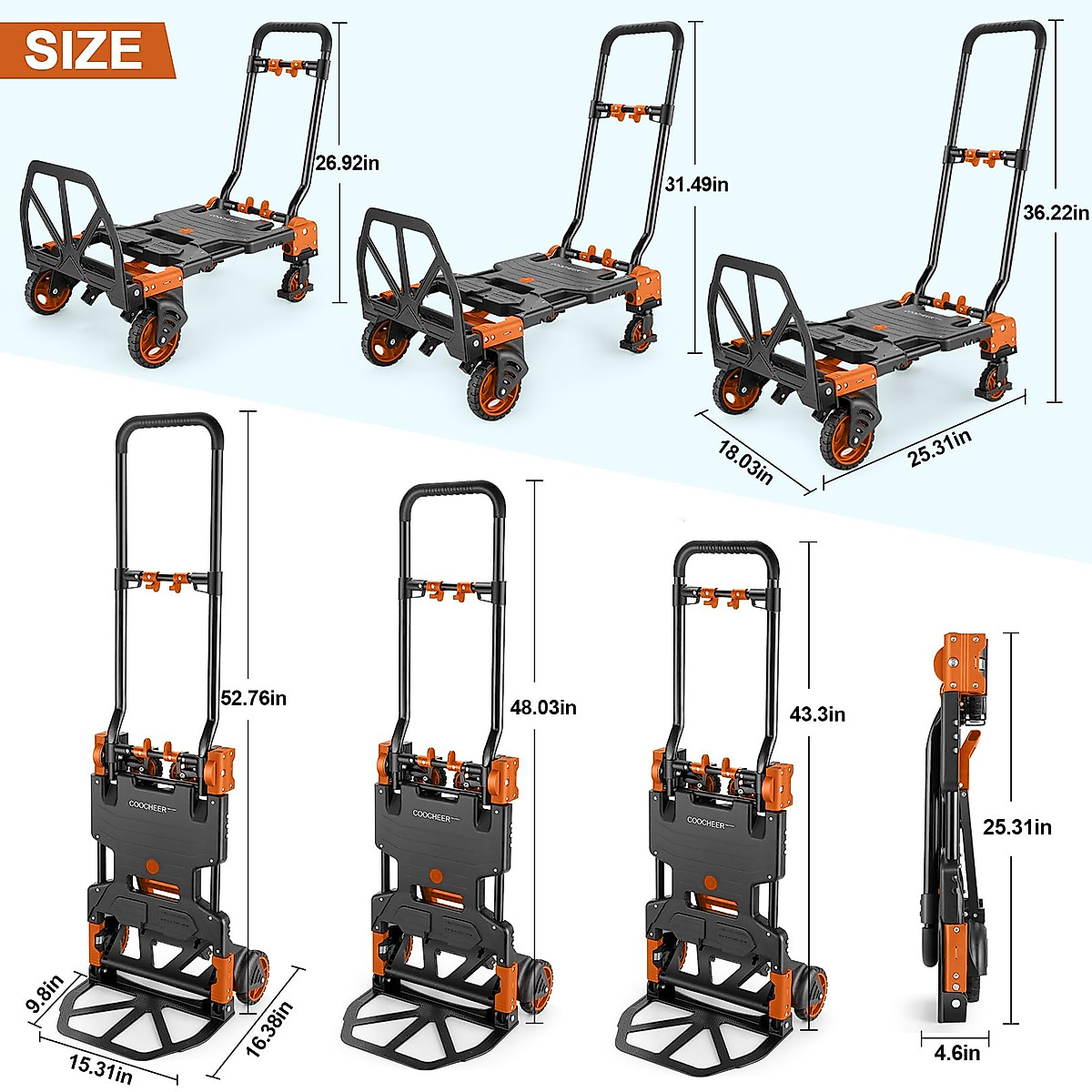 330LB Folding Hand Truck Heavy Duty Carrying, Combination of Four Wheels and Two Wheels Convertible Dolly Cart with Retractable Handle Dolly for Moving Office Carts(Orange)