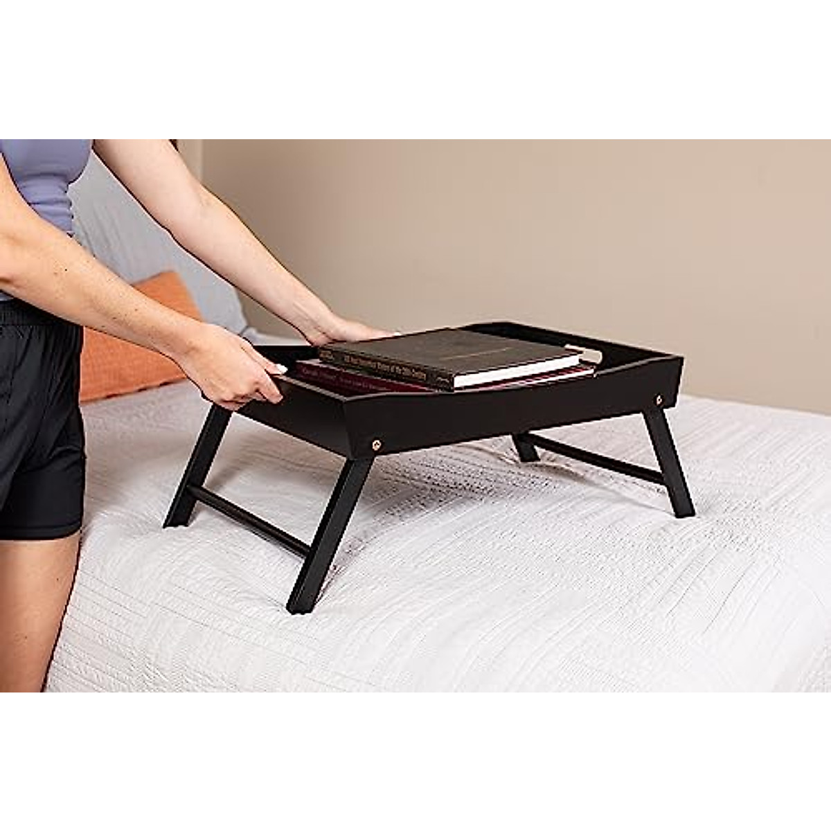 BIRDROCK HOME Wood Bed Tray with Folding Legs - Work from Home - Wide Breakfast Serving Tray Lap Desk with Sides and Handles - Black
