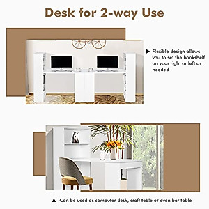 COSTWAY White Computer Desk with Shelves, 48” Study Writing Desk with 6-Tier Storage Shelves, Reversible Study Workstation w/Wide Base for Home, Office & Dorm, Easy Assembly