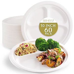 brheez Heavy Duty Round 3 Compartment Disposable Plates [10" inch] Eco-Friendly 100% Natural Bagasse Fiber Biodegradable Compostable Sustainable Paper Alternative Plates [60 Plates] White