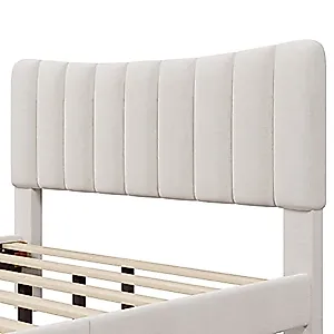 P PURLOVE Queen Linen Upholstered Platform Bed, Platform Bed Frame with Vertical Channel Tufted Headboard, No Box Spring Needed, Easy Assembly, Strong Wooden Slats, Cream
