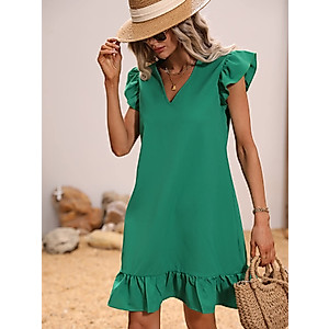 SOLY HUX Summer Dresses for Women V Neck Cap Sleeve Ruffle Hem Smock Short Dress Solid Green M