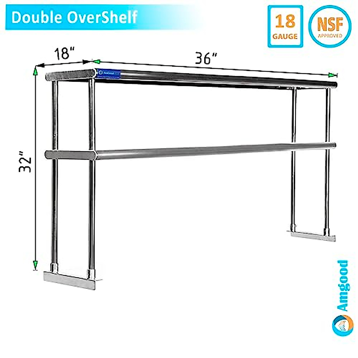AmGood Double OverShelf Stainless Steel NSF - Many (36" Long x 18" Deep)