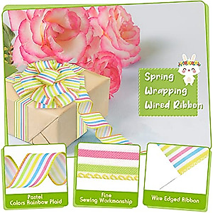 20 Yard Spring Ribbon Easter Stripe Wired Ribbon Burlap Pastel Stripe Ribbon Pink Lime Yellow White Blue 2 Rolls for Spring DIY Craft Baby Shower Gender Reveal Easter Holiday Decoration (1.5'')