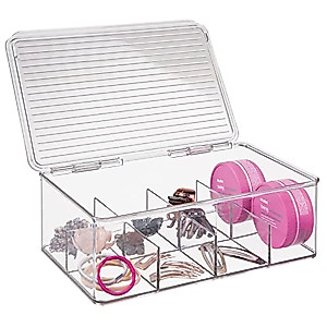 mDesign Plastic First Aid Kit Storage Box with Clear Top Lid for Bathroom, Kitchen, Cabinet, Closet, Drawer - Organizes Medicine, Ointments, Adhesive Bandages, Dental, 8 Divided Sections - Clear