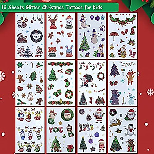 CHARLENT Glitter Christmas Tattoos for Kids - 12 Sheets Christmas Tattoos for Kids Christmas Xmas Party Favors, Stocking Stuffer, Christmas Eve Gift