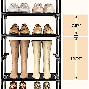 LANTEFUL 8 Tiers Tall Shoe Rack, Narrow Vertical Shoe Rack for Entryway Closet, 16-20 Pairs Shoe and Boots Organizer Storage Sturdy Shoe Shelf, Metal Stackable Shoe Stand with Hooks