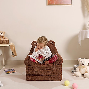 MOMCAYWEX Foldable Kids Sofa, Sherpa Teddy Bear Toddler Couch with Tri Folding Foam Cushions, Comfy Kids Couch for Kids Age 18 Months and Up