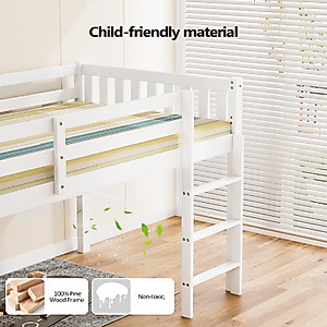 JOYMOR Twin Loft Bed Low Loft Bed Frame for Little Kids Small Room/Low Ceiling Bedrrom with Guardrail and Ladder, White