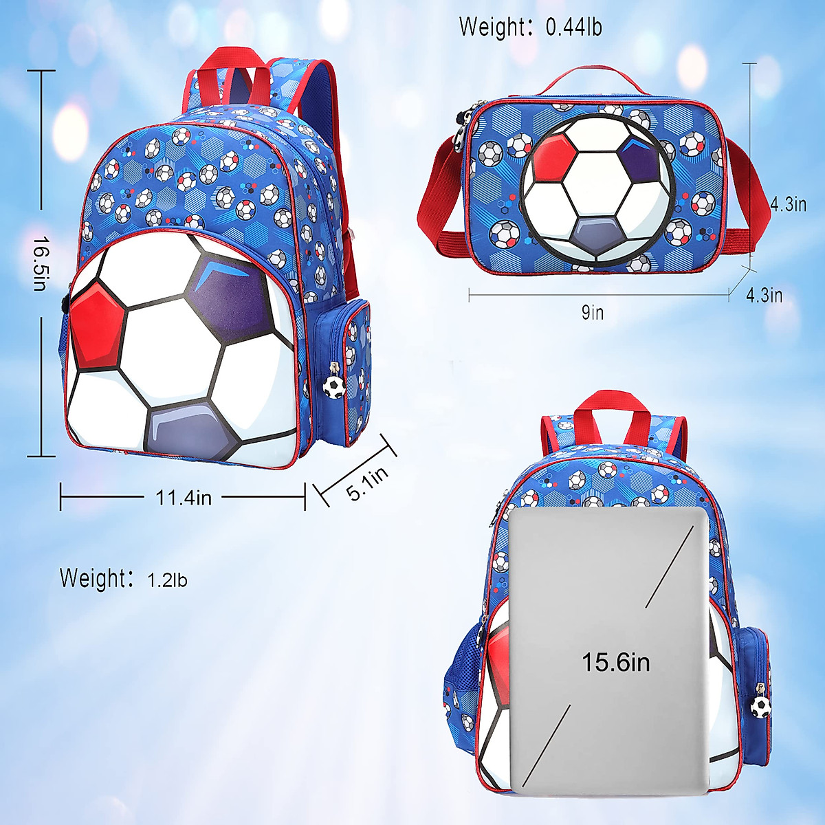 YOJOY Kids Backpack for Boys with Lunch Box Set Elementary School Bags 16 inch Kindergarten Primary Bookbags Football Dinosaur Backpacks (Blue Football Set)