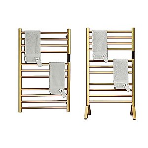 DUDYP Heated Towel Rack Gold Freestanding & Wall Mounted Electric Towel Warmer Drying Rack for Bathroom, Built-in Timer and LED Indicator, 11 Bar Plug-in 304 Stainless Steel Heated Towel Rail