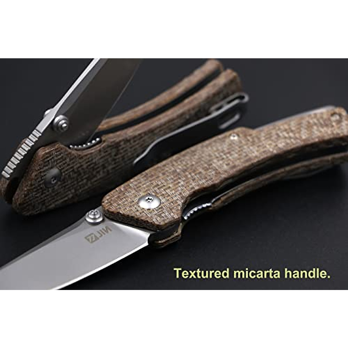 JIN D2 Folding Knife Mens Pocket Knife, EDC Knives with Liner Lock Ball Bearing Flipper Knife, Micarta Handle