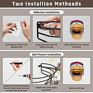 Fikoksol Hat Organizer for Baseball Caps, 2-Pack Black Metal Hat Rack Ball Cap Storage Organizer Hold Up to 30 Caps Hat Holder for Wall Door Closet, Wall Mounted & Adhesive Installation Option