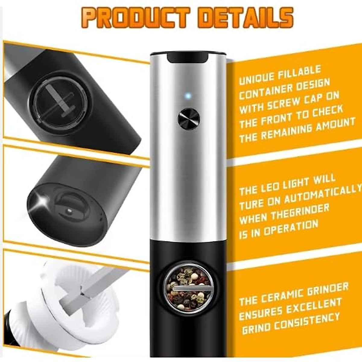 Electric Salt and Pepper Grinder Set, 2 Pepper Mills, Rechargeable With Dual Charging Base, Built-in Battery, Easy One Handed Operation, Ceramic Grinding Core, Adjustable Coarseness, White LED Light