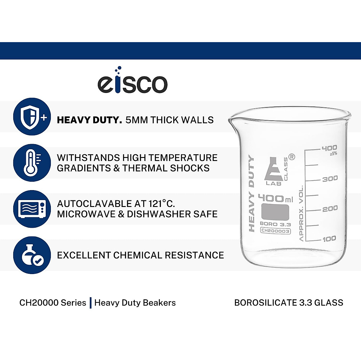 EISCO Heavy Duty Beaker, 100ml - 5mm Thick, Uniform Walls - Superior Durability & Chemical Resistance - White Graduations - Borosilicate 3.3 Glass