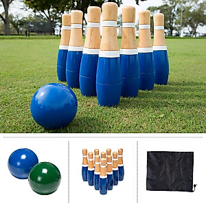13-Piece Wood Bowling Set - Indoor/Outdoor Bowling Game for Adults and Kids Ages 3 and Up - 10 Wood Pins, 2 Balls, and Carrying Bag by Hey Play (Blue)