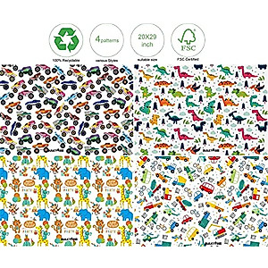 BULKYTREE Birthday Wrapping Paper for Boys Kids, 12 Sheets Dinosaur, Monster Truck, Happy Animals Design Gift Wrap for Kids Birthday, Baby Shower and Holiday - 20 x 29 Inch Per Sheet