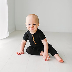 Posh Peanut Baby Rompers Pajamas - Newborn Sleepers Unisex Clothes - Kids One Piece PJ - Soft Viscose from Bamboo (Solid Ribbed Black, 6-9 Months)