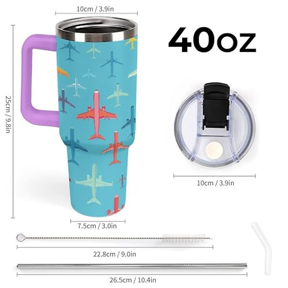 Colorful Airplanes Insulated Tumbler with Lid And Straw Stainless Steel Travel Coffee Mug 40oz Violet-style