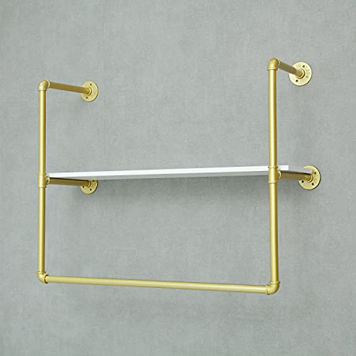 Industrial Pipe Wall Mounted Garment Rack with Top Shelf, Detachable Pipe Clothes Rack, Space-Saving Hanging Bar, Detachable Multi-Purpose Rod for Closet Storage, Gold, 47.2x10 Inches