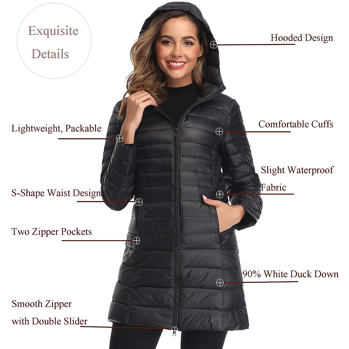 Obosoyo Women's Winter Packable Down Jacket Plus Size Ultralight Long Down Outerwear Puffer Jacket Hooded Coat (Black, XXX-Large)