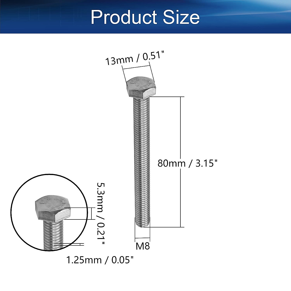Yinpecly M8 Hex Bolt M8-1.25 x 80mm UNC Hex Head Screw Bolts 304 Stainless Steel Fully Threaded Hex Tap Bolts 4pcs