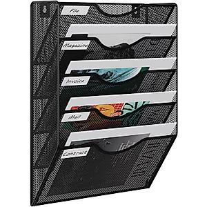 EasyPAG 5 Pockets Mesh Wall File Holder Office Hanging File Folder Magazine Rack Mail Sorter Bin | Nametag Label Included, Black