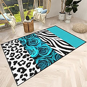 Modern Leopard Print Turquoise Rose Area Rug Teal Flower Hallway Runner Carpets Wild African Animal Pattern Non-Slip Floor Mat for Living Room Bedroom Dining Room Studio Women Room Decor
