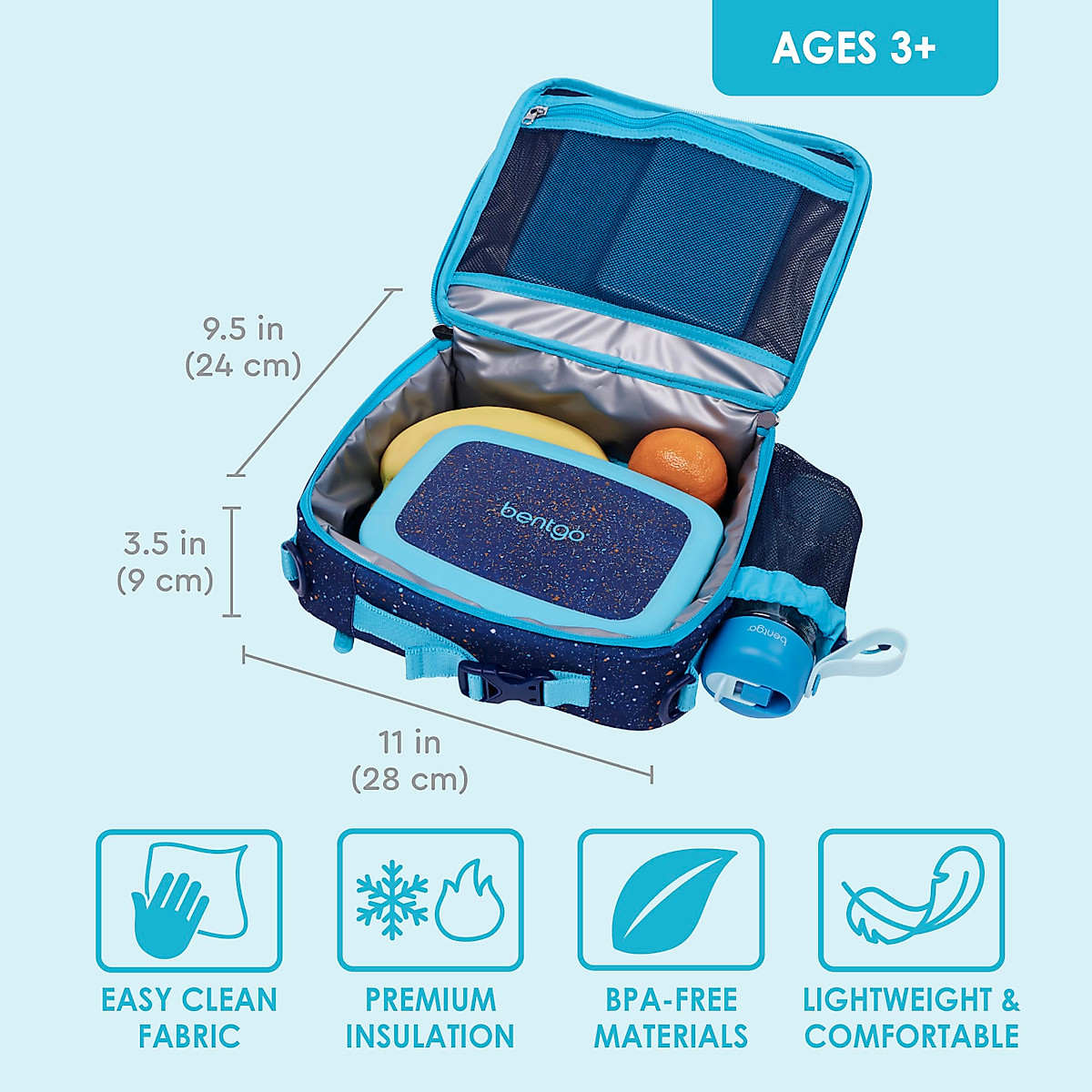 Bentgo® Kids Lunch Bag - Confetti Designed Insulated Lunch Bag for Kids 3+; Holds Lunch Box, Water Bottle & Snacks; Easy to Clean, Water Resistant, & Zip Pockets (Confetti Edition - Abyss Blue)