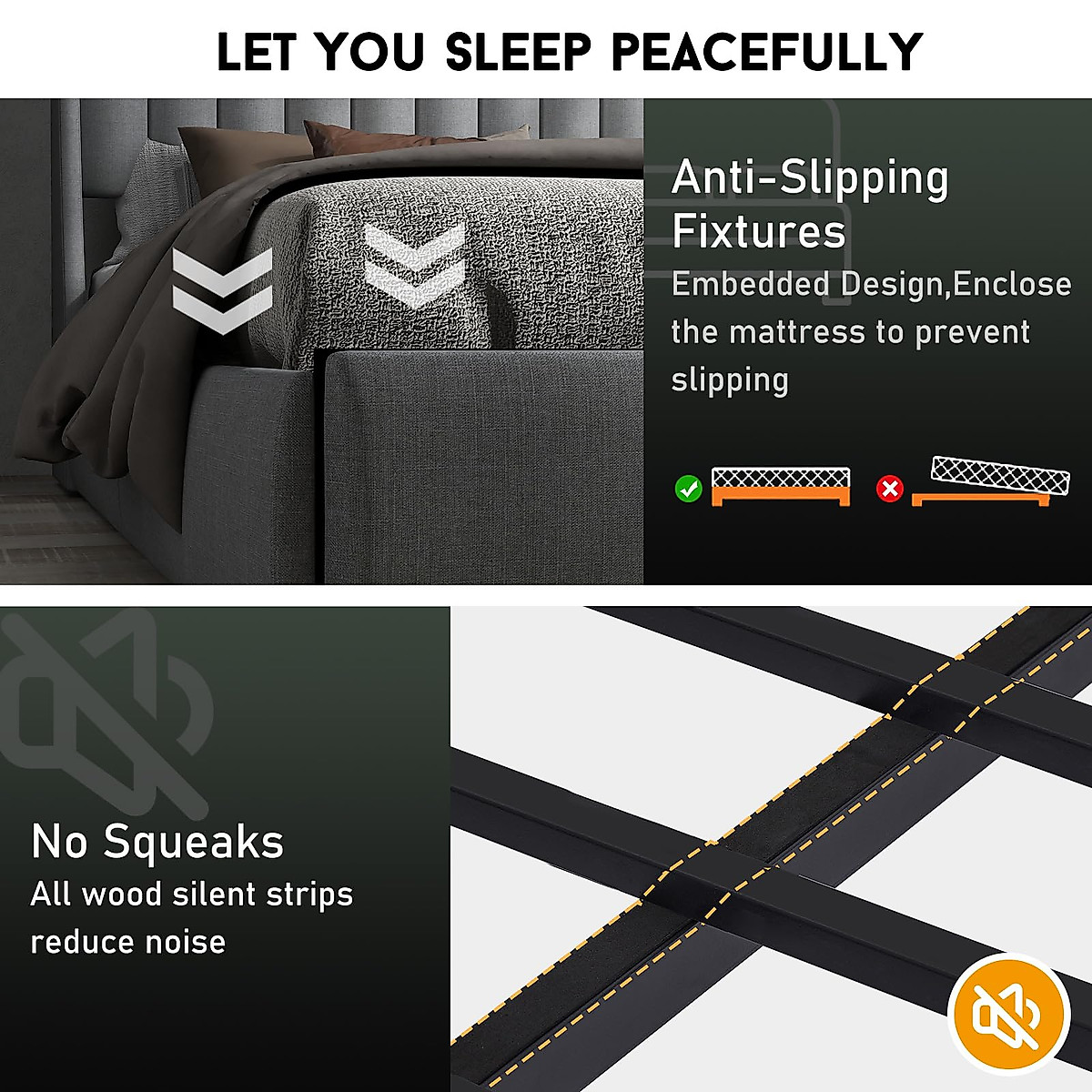 Anyhave Queen Bed Frame with 2 Storage Drawers and Luxury Wingback Upholstered Button Tufted Storage Headboard,Charging Station,Storage Headboard & LED Lights,Remote Control/Noise-Free-Dark Gray