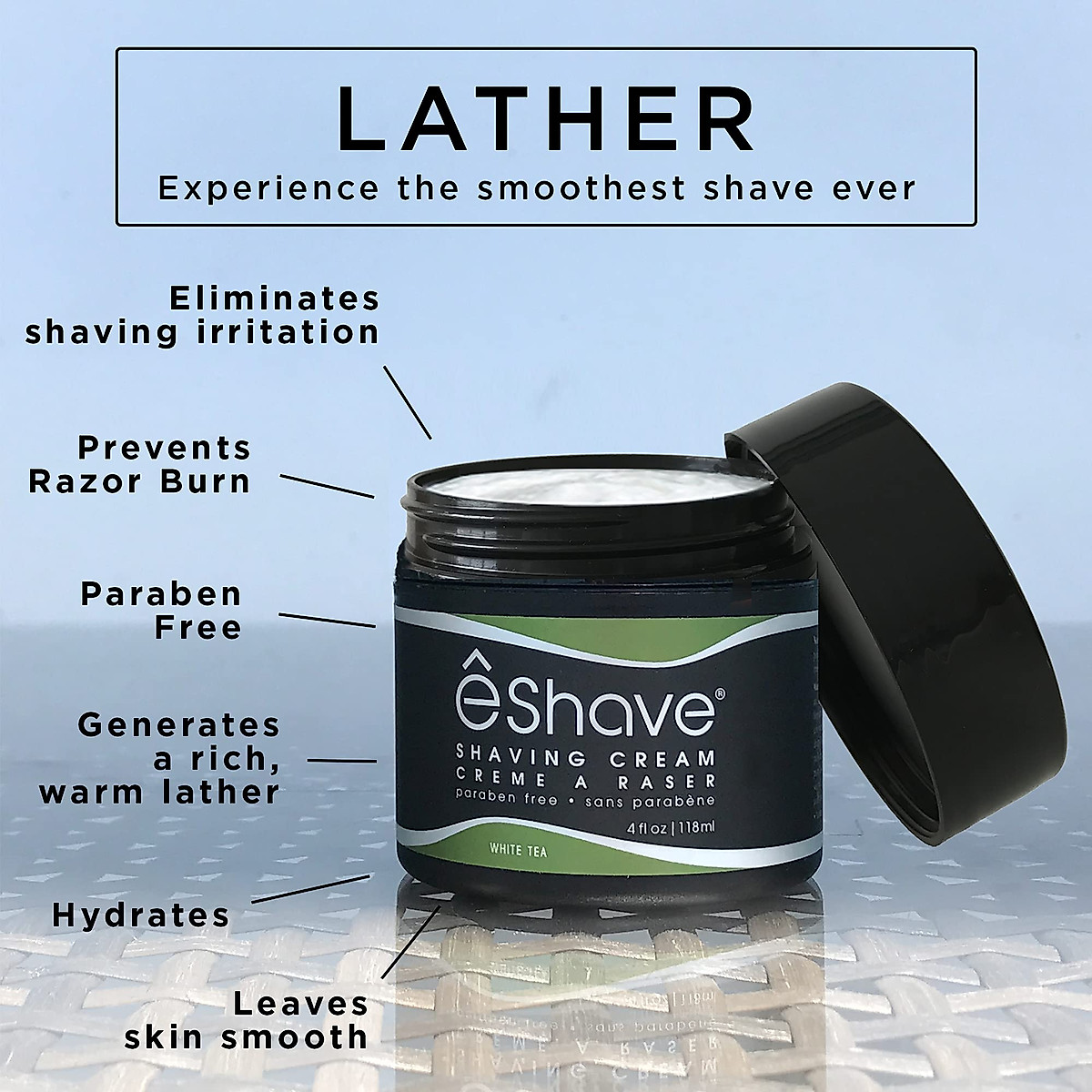 eShave Shaving Cream for Men, White Tea, prevents shaving irritation and razor burn, generates a rich lather for a soft, silky, Smoothest Shave