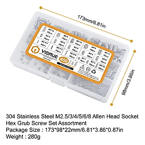 VIGRUE 450PCS M2.5/M3/M4/M5/M6/M8 Hex Allen Head Socket Set Screw Bolts Assortment Kit Grub Screw with Internal Hex Drive, 304 Stainless Steel