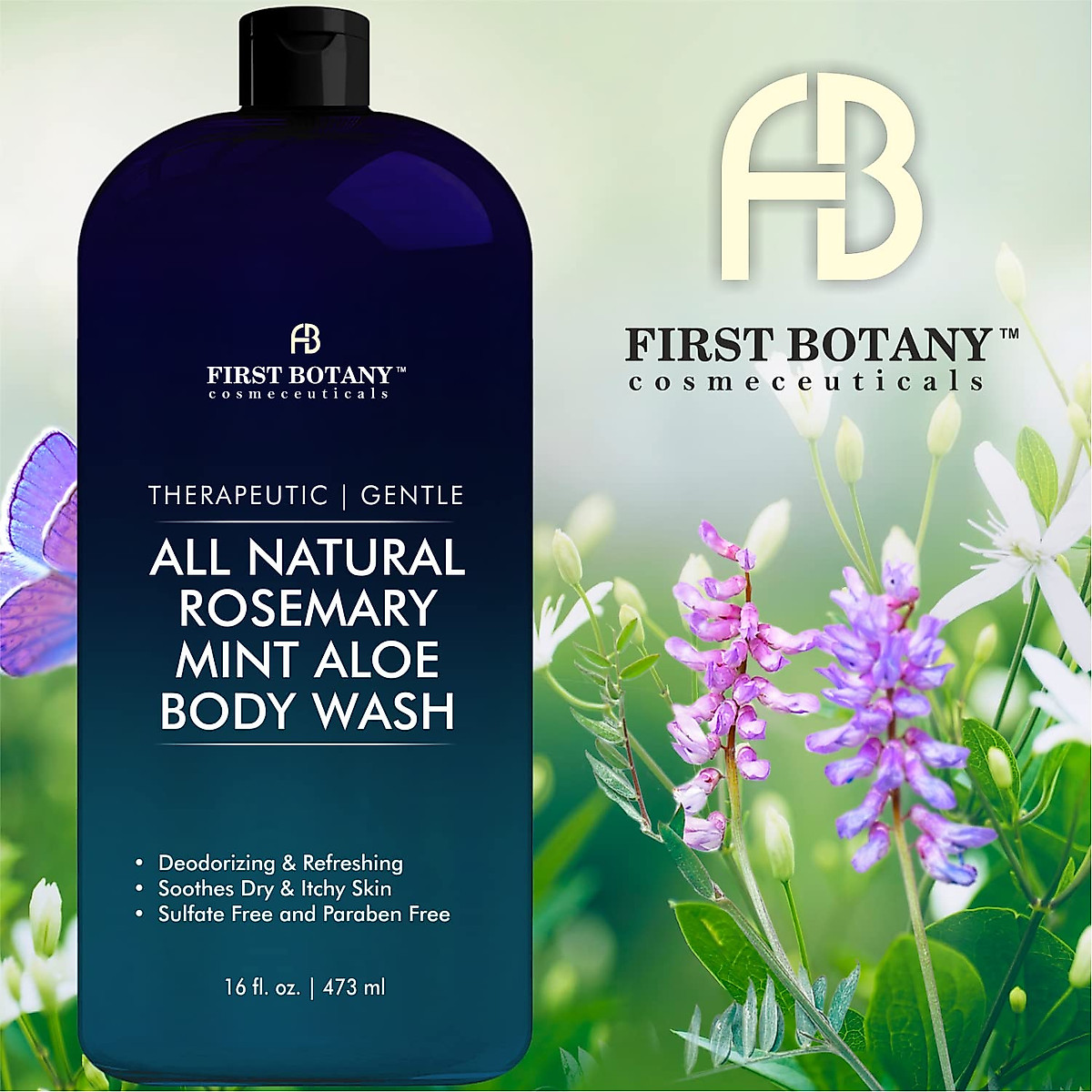 ALL Natural Body Wash - Fights Body Odor, Athlete’s Foot, Jock Itch, Nail Issues, Dandruff, Acne, Eczema, Shower Gel for Women & Men, Skin Cleanser -16 fl oz (Rosemary Mint)