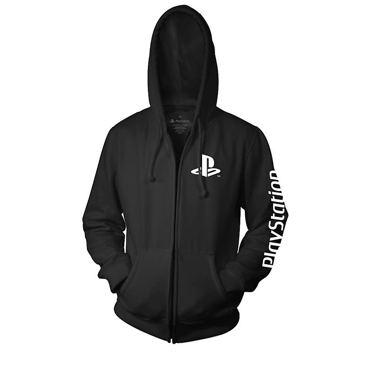 Ripple Junction Sony PlayStation Men's Full Zip Hooded Sweatshirt Iconic PS Logo & Sleeve Graphic Gamer Hoodie Black L