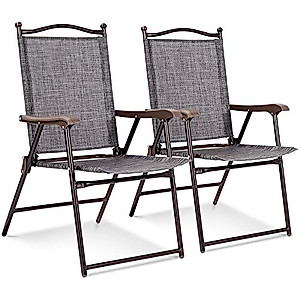 Giantex Set of 2 Patio Folding Chairs, Sling Chairs, Indoor Outdoor Lawn Chairs, Camping Garden Pool Beach Yard Lounge Chairs w/Armrest, Patio Dining Chairs, Metal Frame No Assembly, Grey