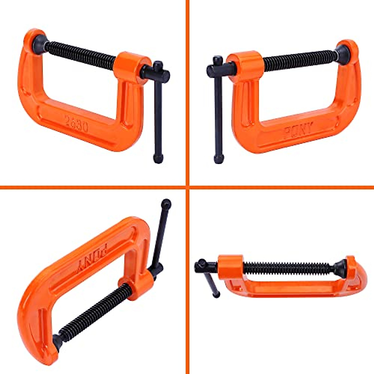PONY Malleable Iron C-Clamp Set, 3-Piece, (1", 2", 3") Orange