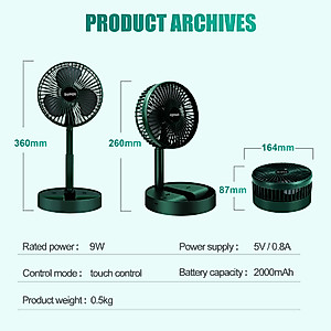 MAESHOP Portable Table Fan 6.5 Inch 3 Speeds Wind Quiet 2000mAh Rechargeable Battery Powered USB Desktop Folding Fan For Home Desk Outdoor Bedroom Office Trave (Green)
