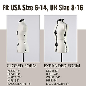 PDM WORLDWIDE Beige Adjustable Dress Form Mannequin for Sewing Female Size 6-14, Pinnable Model Body with 13 Dials, Detachable Casters, 42.5"-60" Height Range for Clothing Display, Small to Medium