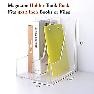 HeZone Magazine Holder, Clear Acrylic Desk Organizers, File Organizer for Desk, Magazine Rack- Desktop Book Storage -Independent Vertical 1 Space-2 Pack
