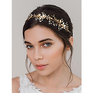 SWEETV Gold Wedding Headband Flower-Leaf Bridal Headpieces for Wedding Hair Accessories for Brides Crystal Pearl Hair Vine