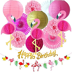 Tropical Flamingo Party Decoration Hawaiian Party Supplies Flamingo Birthday Banners， Hanging Paper Fans, Paper Flowers Paper Lanterns for Hawaiian Summer Beach Party Birthday Party
