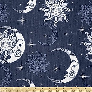 Ambesonne Half Moon Fabric by The Yard, Repeating Mystical Sky Elements Sun and Stars Illustration, Stretch Knit Fabric for Clothing Sewing and Arts Crafts, 1 Yard, Blue Ceil
