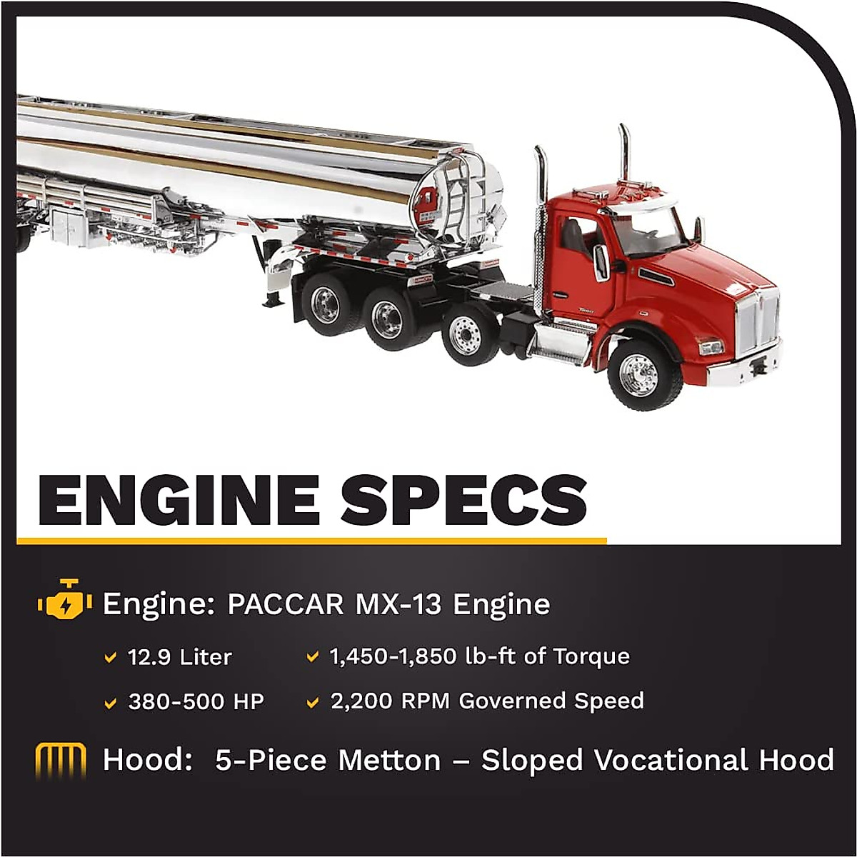 Diecast Masters Kenworth T880 SBFA Tractor Truck - Red | DayCab Pusher-Axle Tandem Tractor with Heil FD9300/DT-C4 Petroleum Trailer | 1:50 Scale Model Semi Trucks | Diecast Model 710102