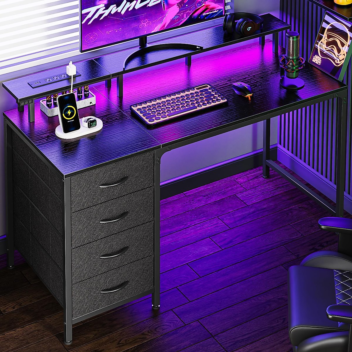 Huuger 47 Inch Computer Desk with Power Outlets and LED Lights, Gaming Desk with 4 Drawers, Office Desk with Monitor Stand, Study Desk Work Desk for Home Office, Small Spaces, Black