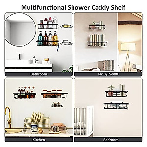 4-Pack Adhesive Shower Caddy, Bathroom Organizer with Soap Holder, Rustproof Stainless Steel Shower Organizer, Wall Mounted No Drilling Shower Rack with Hooks for Bathroom, Kitchen, Washroom- Black