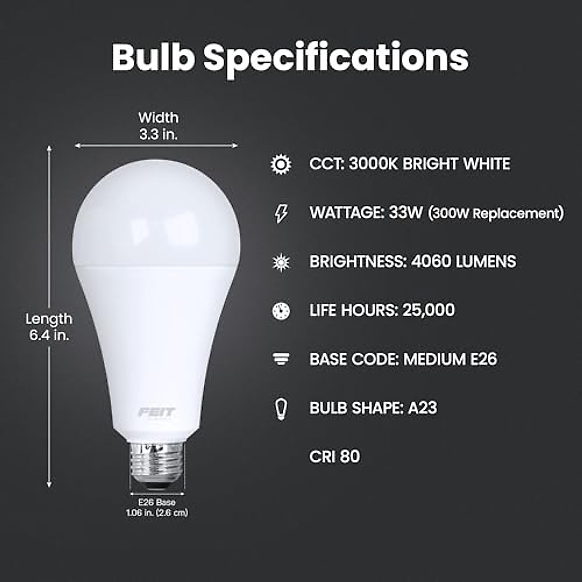 Feit Electric A23 LED Light Bulb, 300W Equivalent, Non-Dimmable, 4060 Lumens, E26 Standard Base, 3000k Soft White, High Output LED Bulb, Damp Rated, 22 Year Lifetime, OM300/830/LED