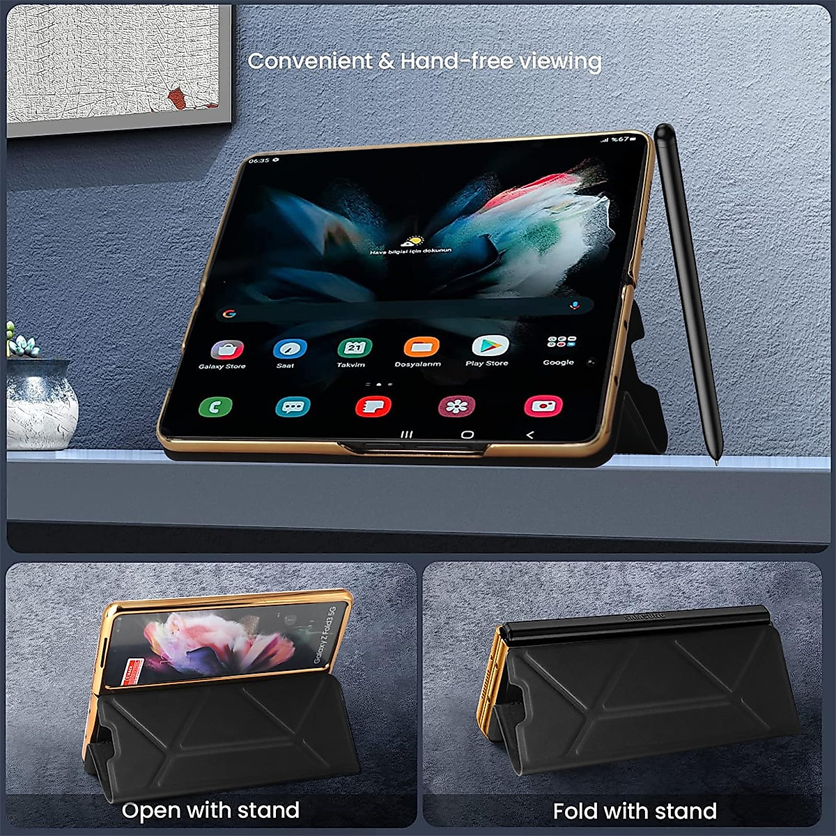 Soyeacrg Designed for Samsung Galaxy Z Fold 5 2023 Case, Premium PU Leather Luxury Electroplated Gold PC Frame Folio Flip Shockproof Case with Built-in Screen Protector & S Pen Holder,Brown