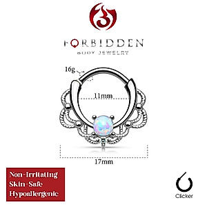 Forbidden Body Jewelry 16g Synthetic White Opal Surgical Steel Filigree Lacey Detail Septum Hoop Clicker Ring